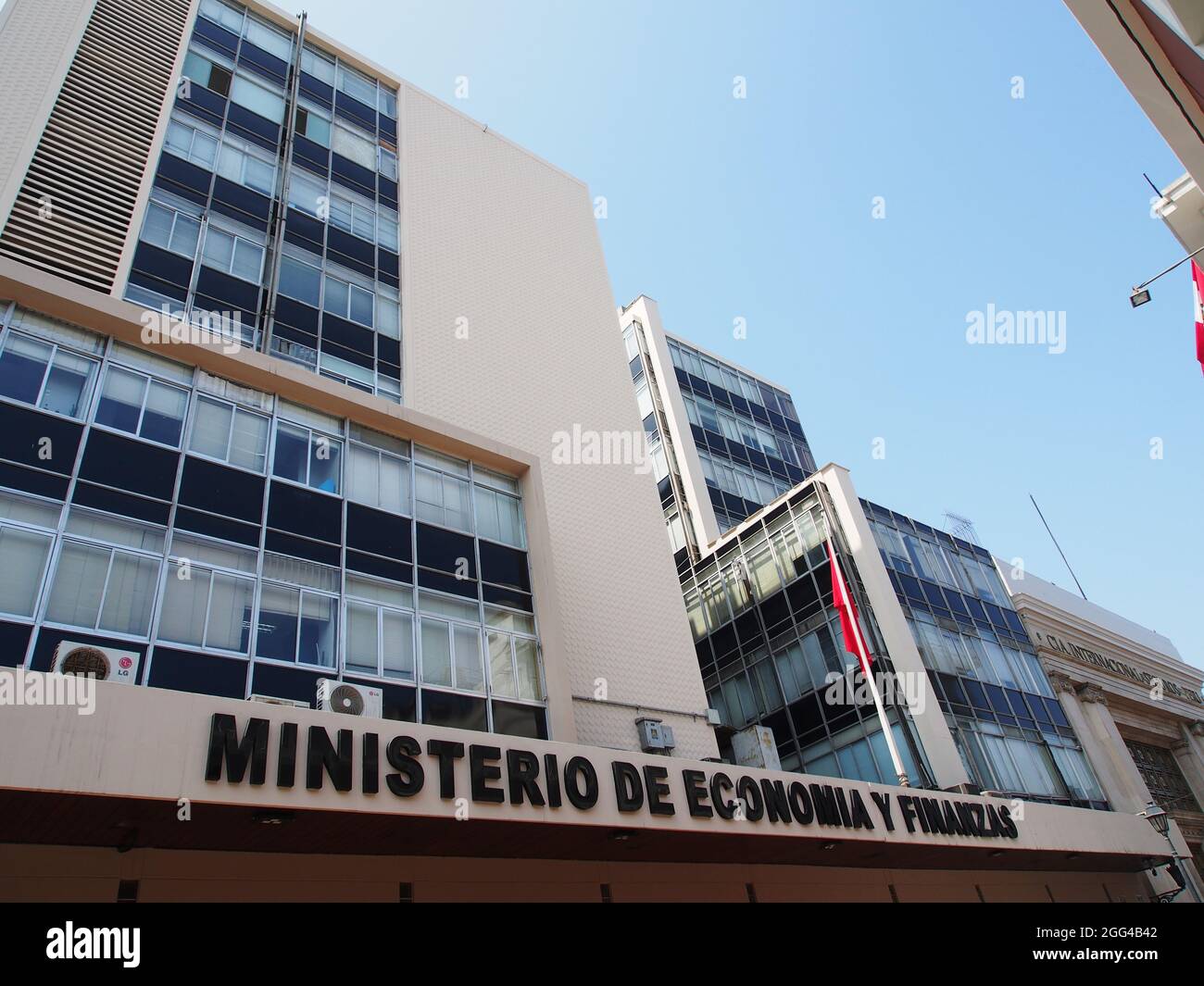 View of the Ministry of Economy building facade. Peruvian economy keeps ...