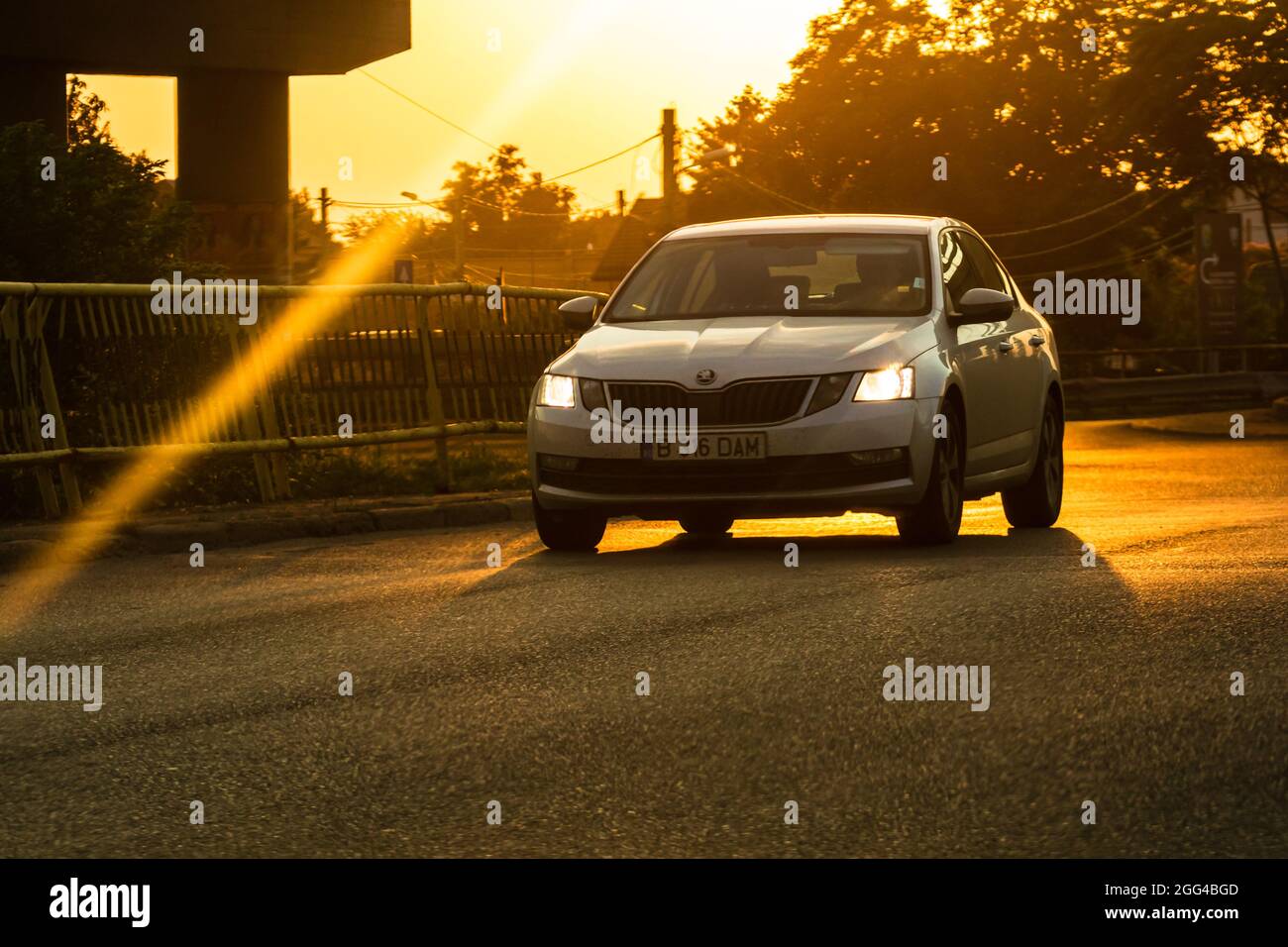 Car traffic at rush hour. Traffic jam, cars on the road at sunset in ...