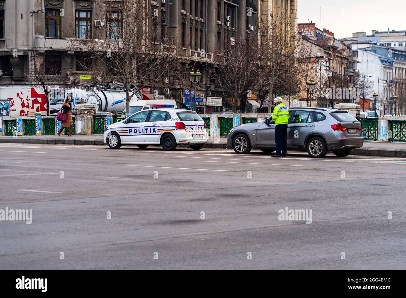 Romanian police (Politia Rutiera) car patrolling in downtown Bucharest ...