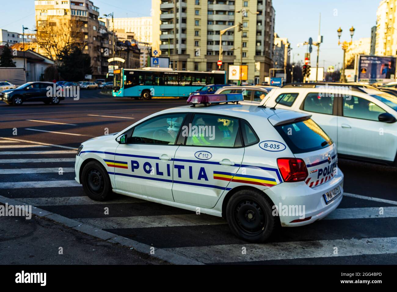Romanian police (Politia Rutiera) car patrolling in downtown Bucharest ...