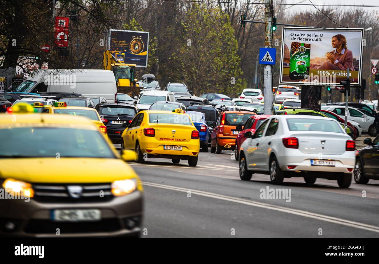 Car traffic at rush hour in downtown area. Bucharest, Romania, 2019 ...