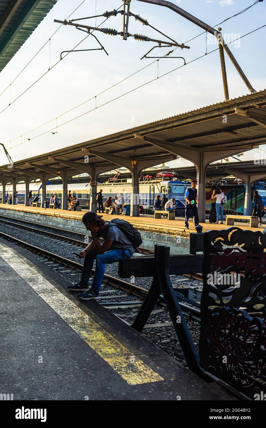 Train detail and train platform at Bucharest North Railway Station ...