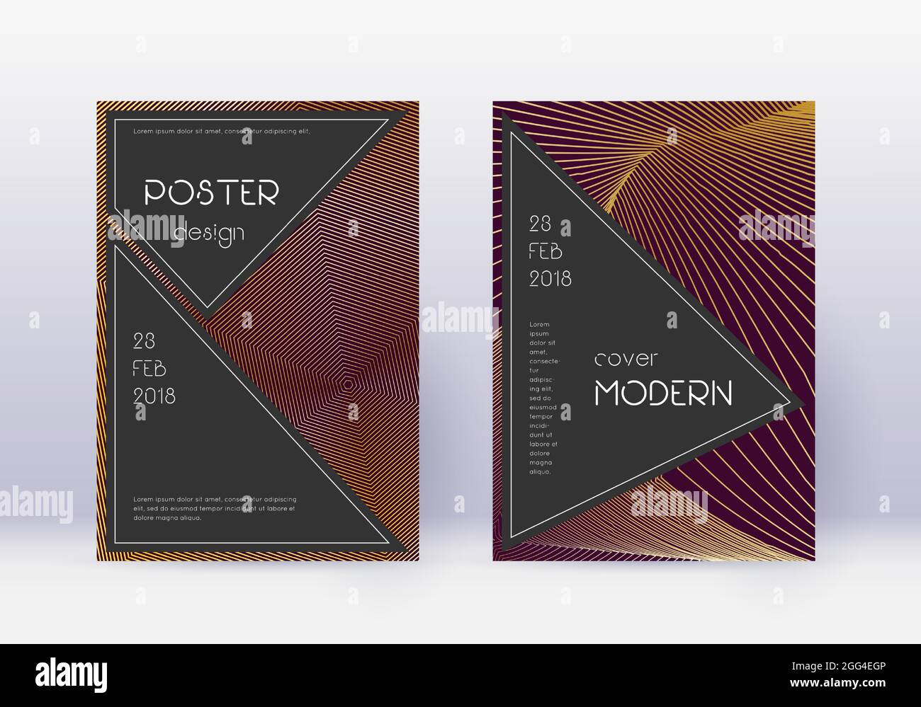 Black cover design template set. Gold abstract lines on maroon ...