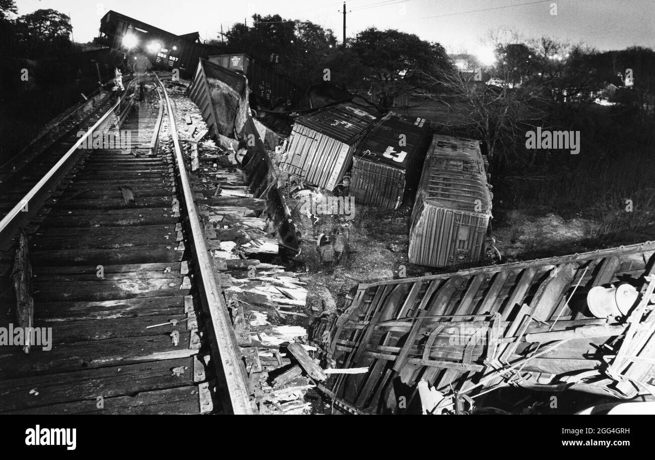 Austin Texas USA, 1983: Freight cars lie in ravine after train ...