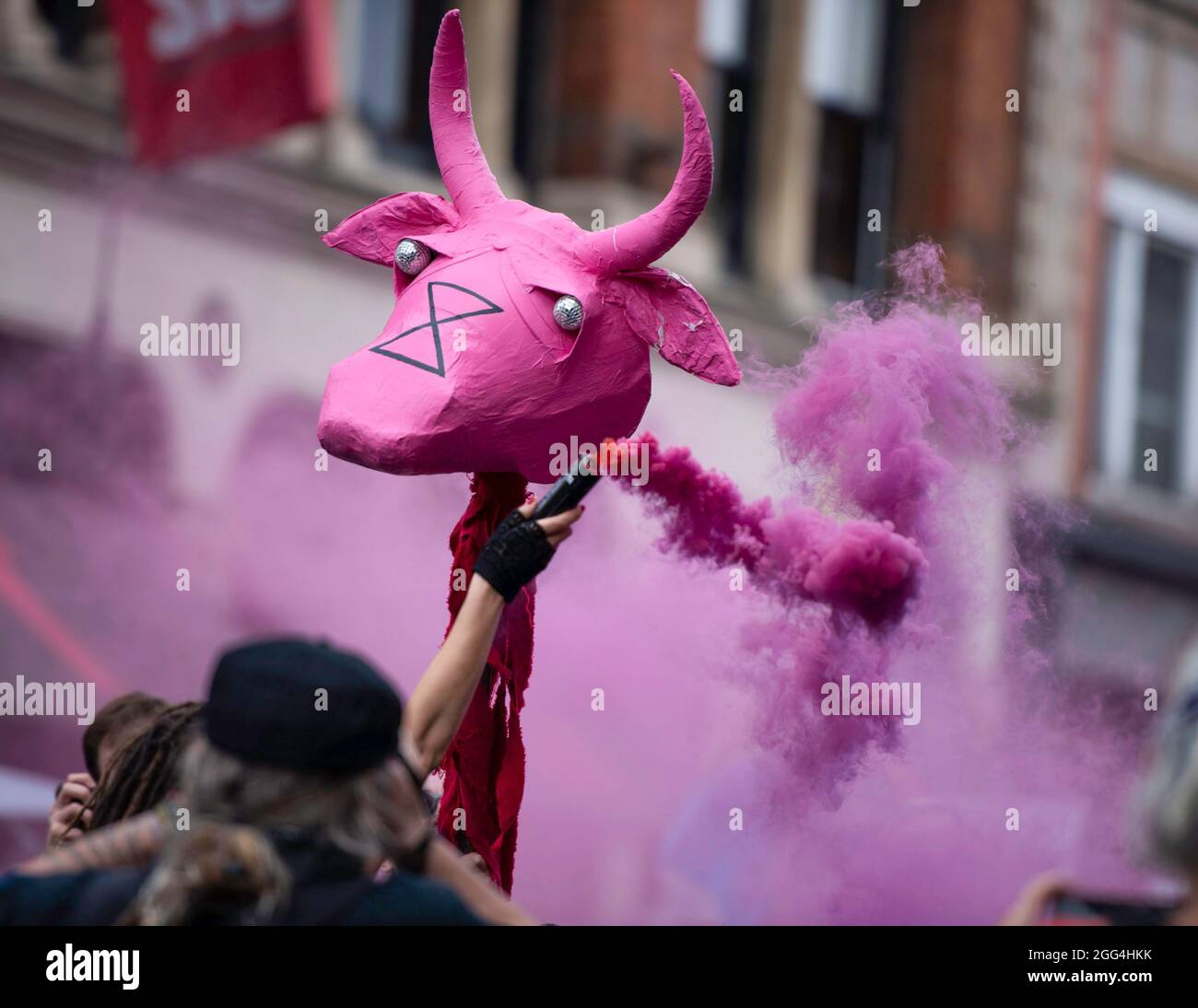 London, UK. 28th Aug, 2021. An activist marches while holding a pink ...