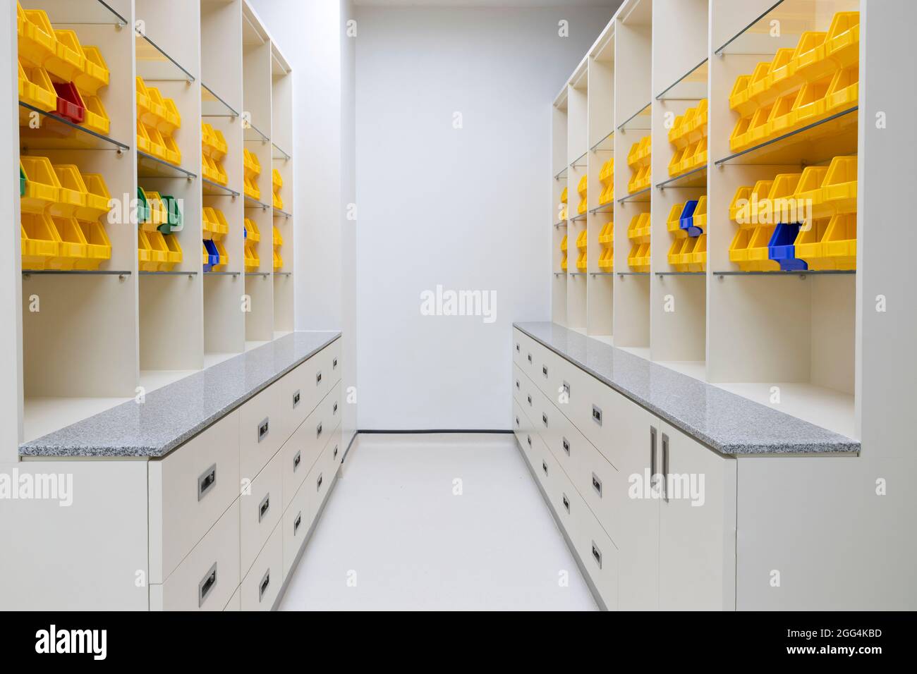 Modern pharmacy shelves with multi color boxes for storage Stock Photo ...