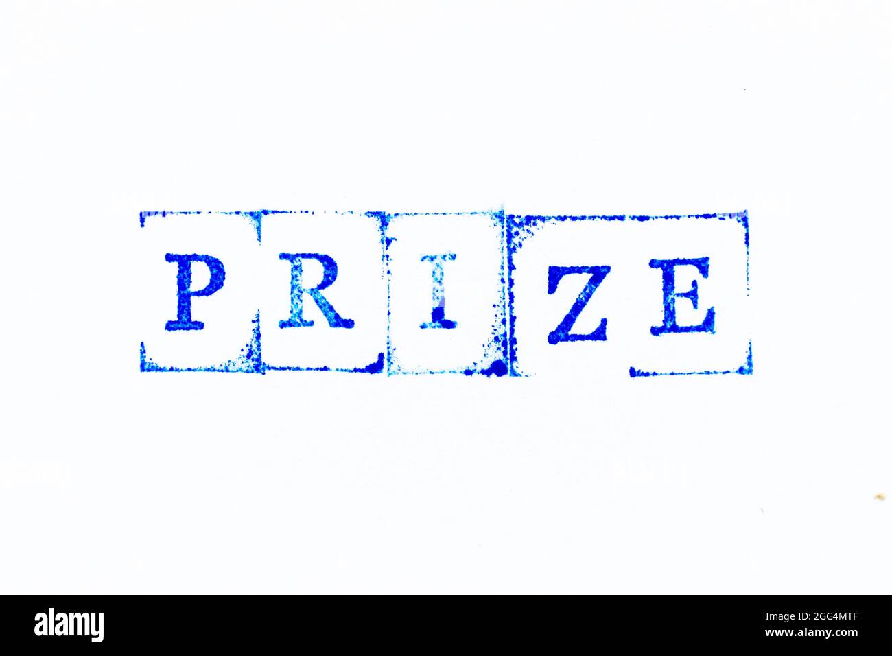 Blue color ink rubber stamp in word prize on white paper background ...