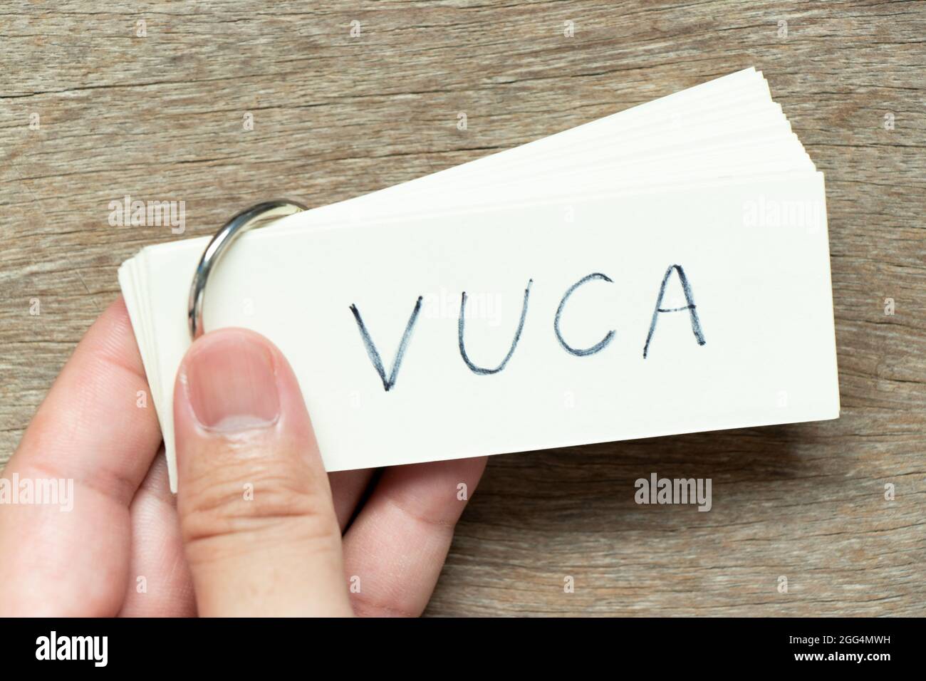 Man hold the flash card with handwriting word VUCA (abbreviation of ...