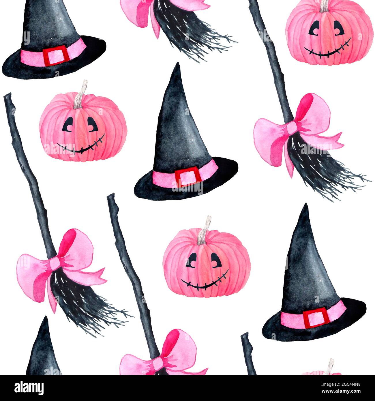Hand drawn watercolor seamless pattern of Halloween witch hat broom and ...