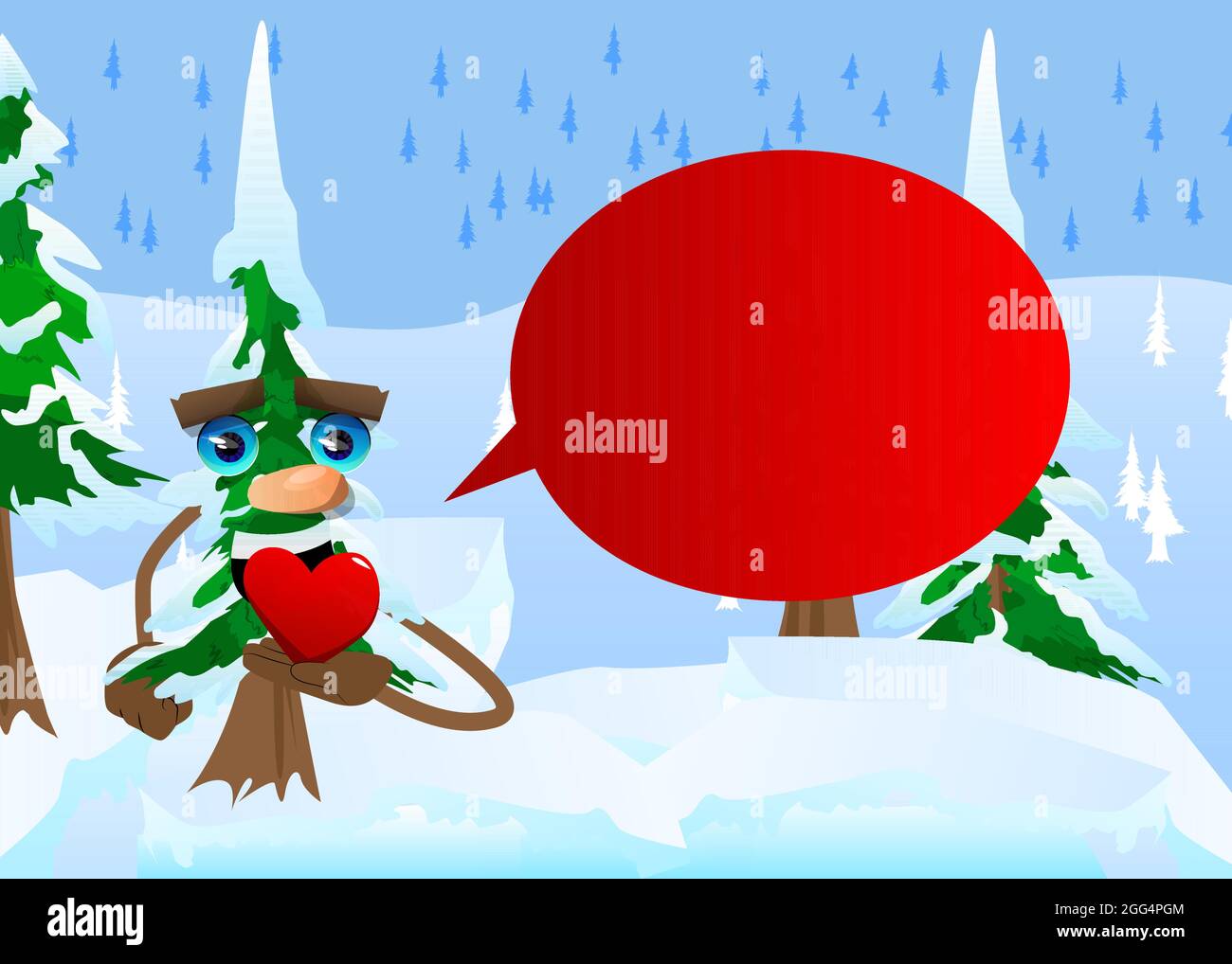 Cartoon winter pine trees with faces holding red heart in his hand ...