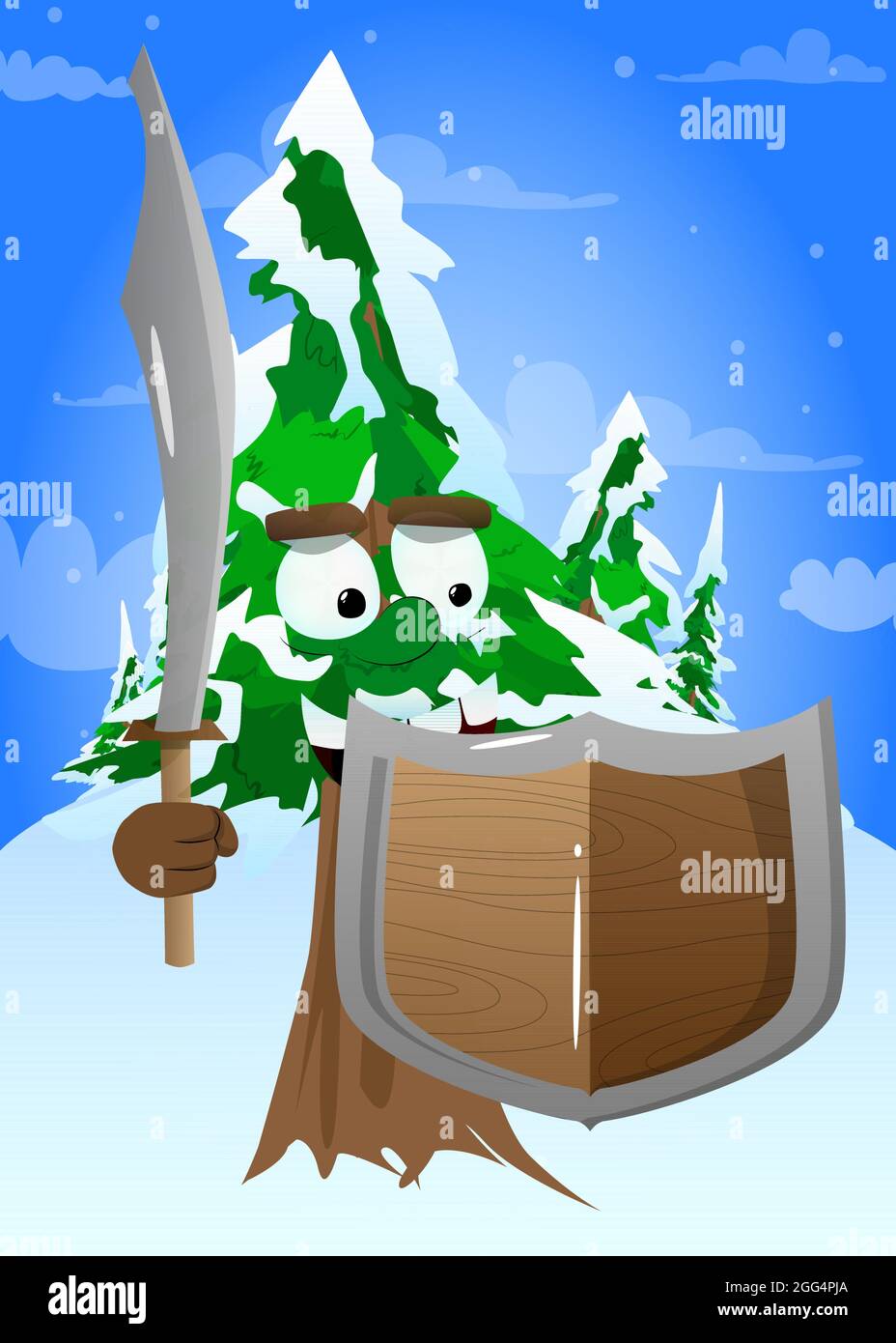 Cartoon winter pine trees with faces holding a sword and shield. Cute ...