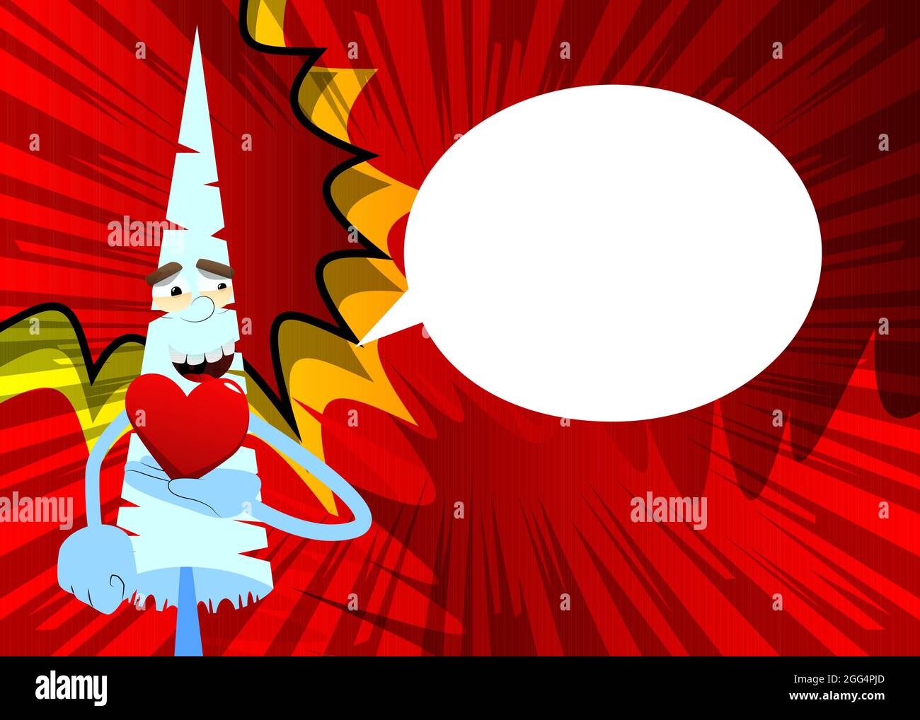 Cartoon winter pine trees with faces holding red heart in his hand ...