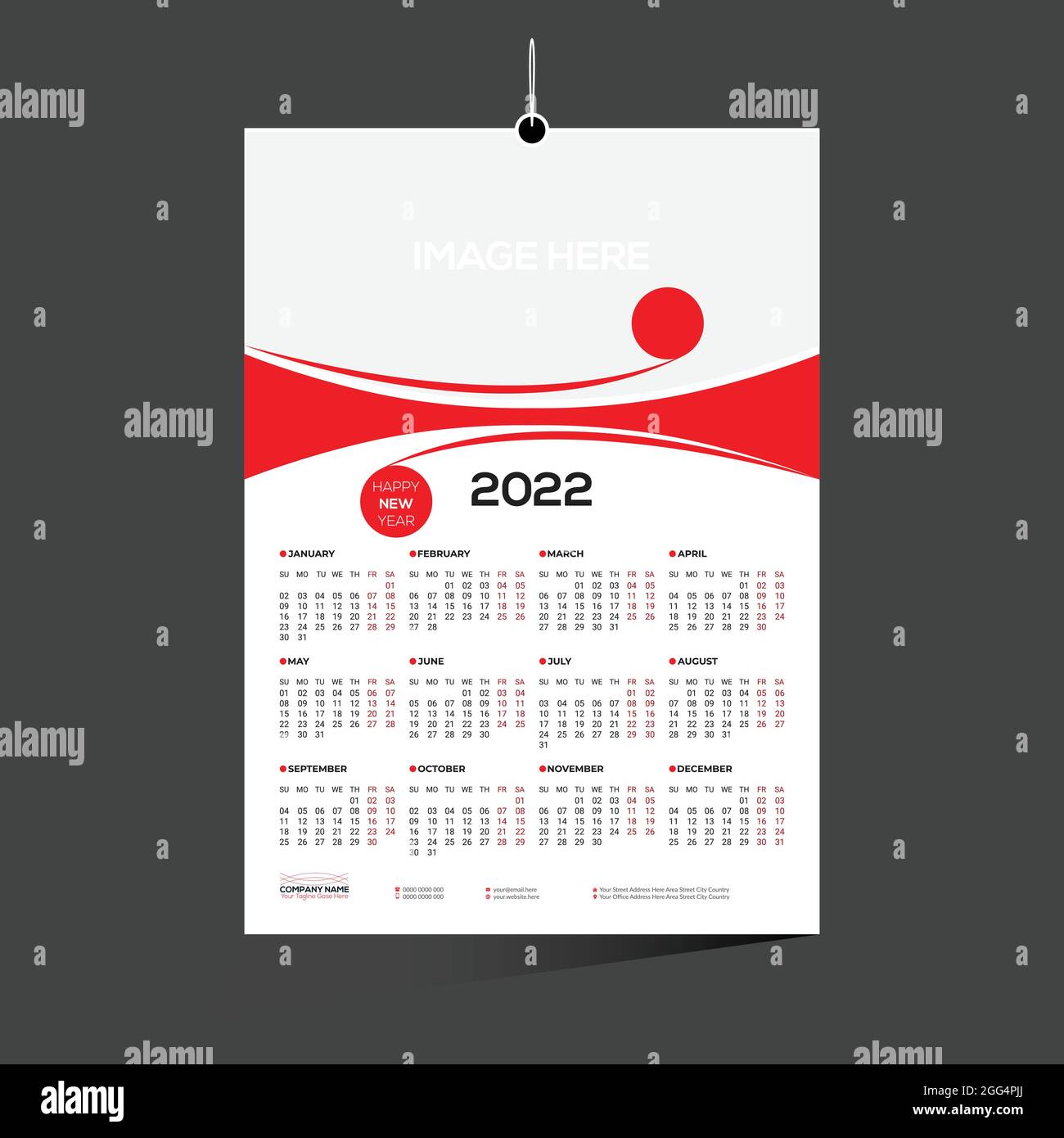 red colored 12 month 2022 calendar design Stock Vector Image & Art - Alamy