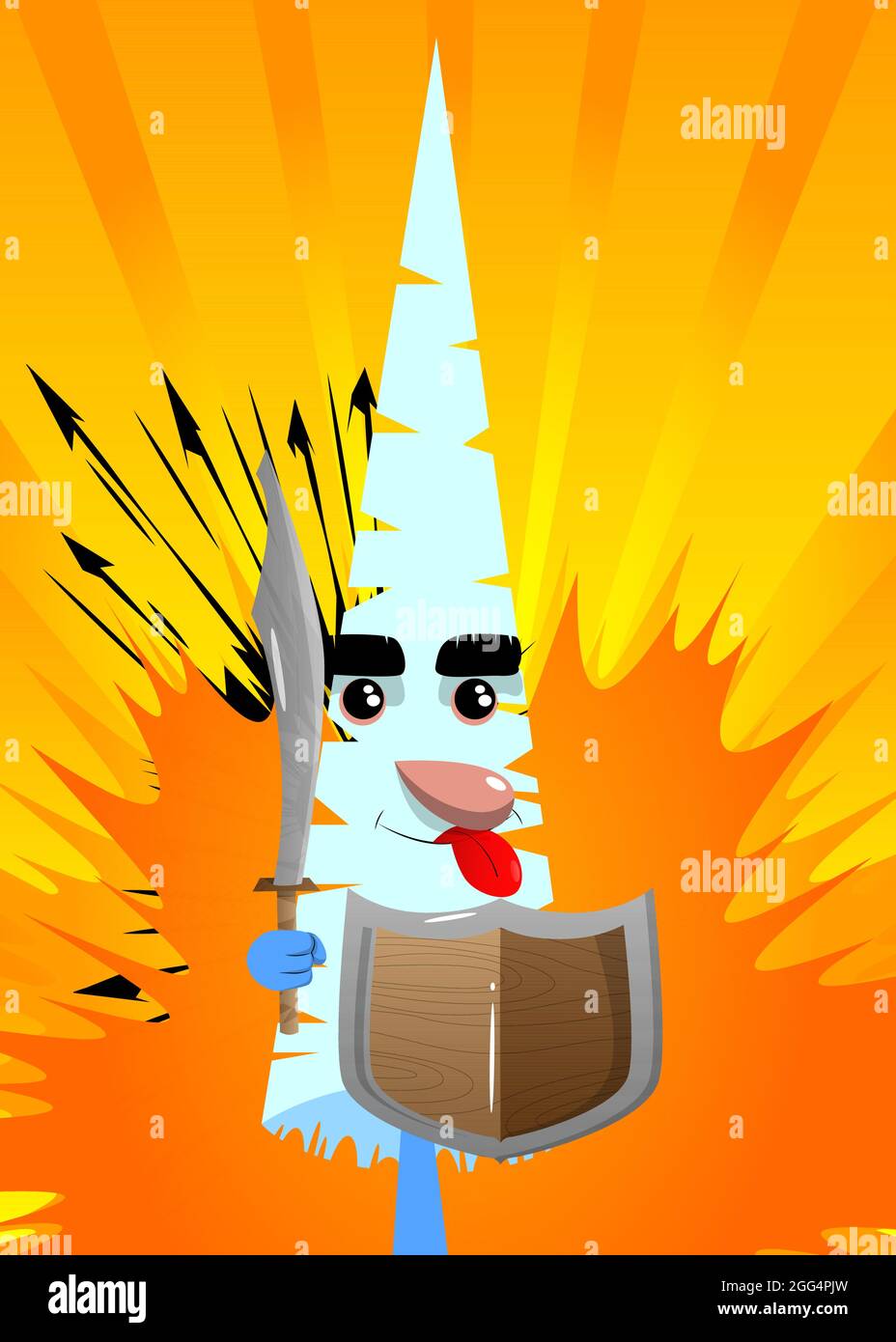 Cartoon winter pine trees with faces holding a sword and shield. Cute ...