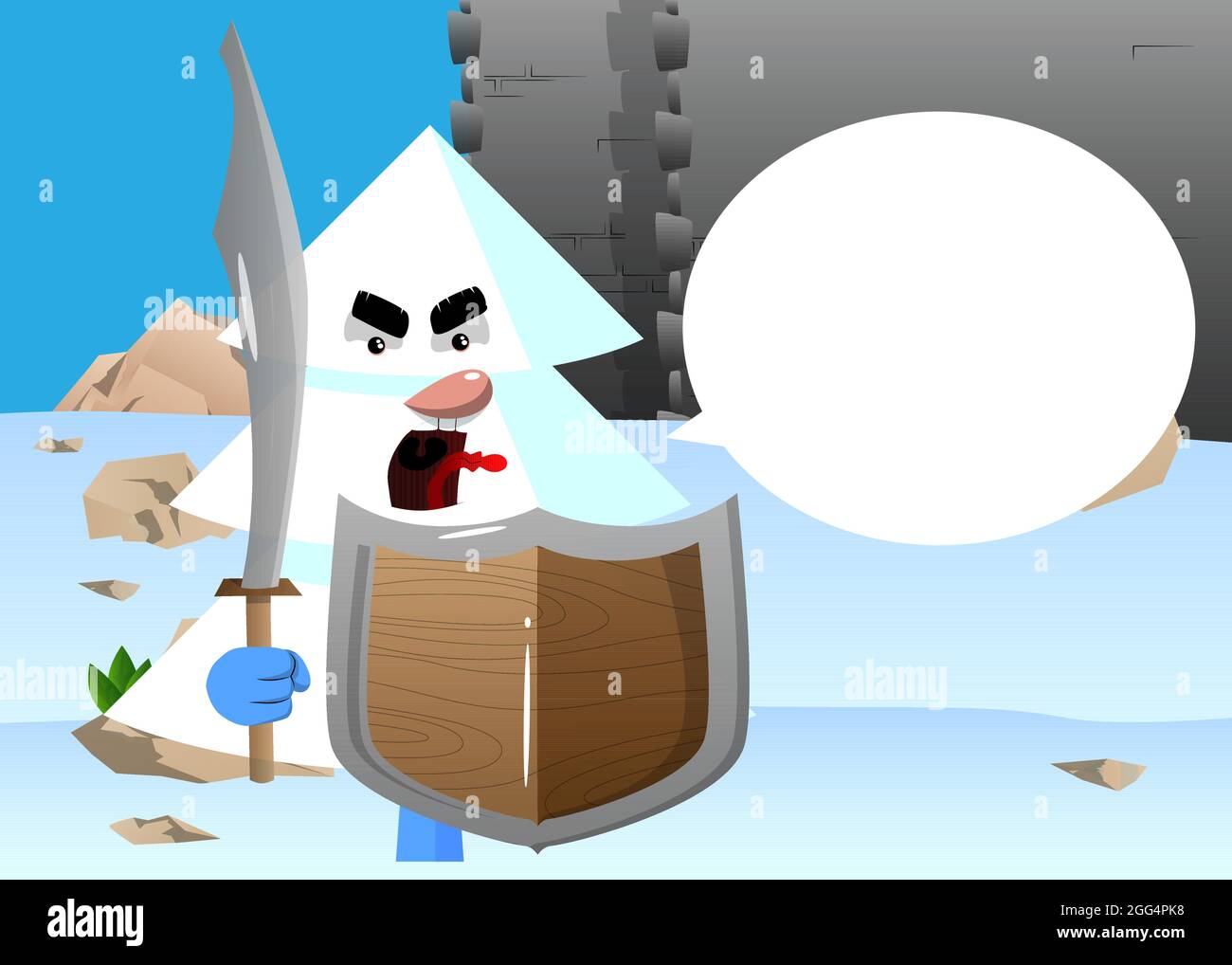 Cartoon winter pine trees with faces holding a sword and shield. Cute ...