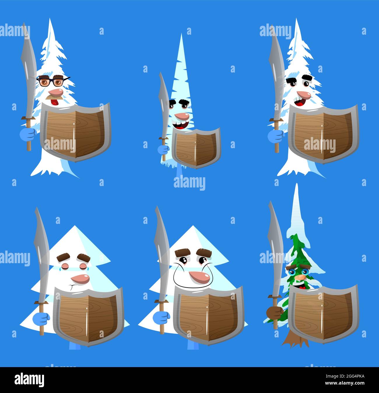 Cartoon winter pine trees with faces holding a sword and shield. Cute ...
