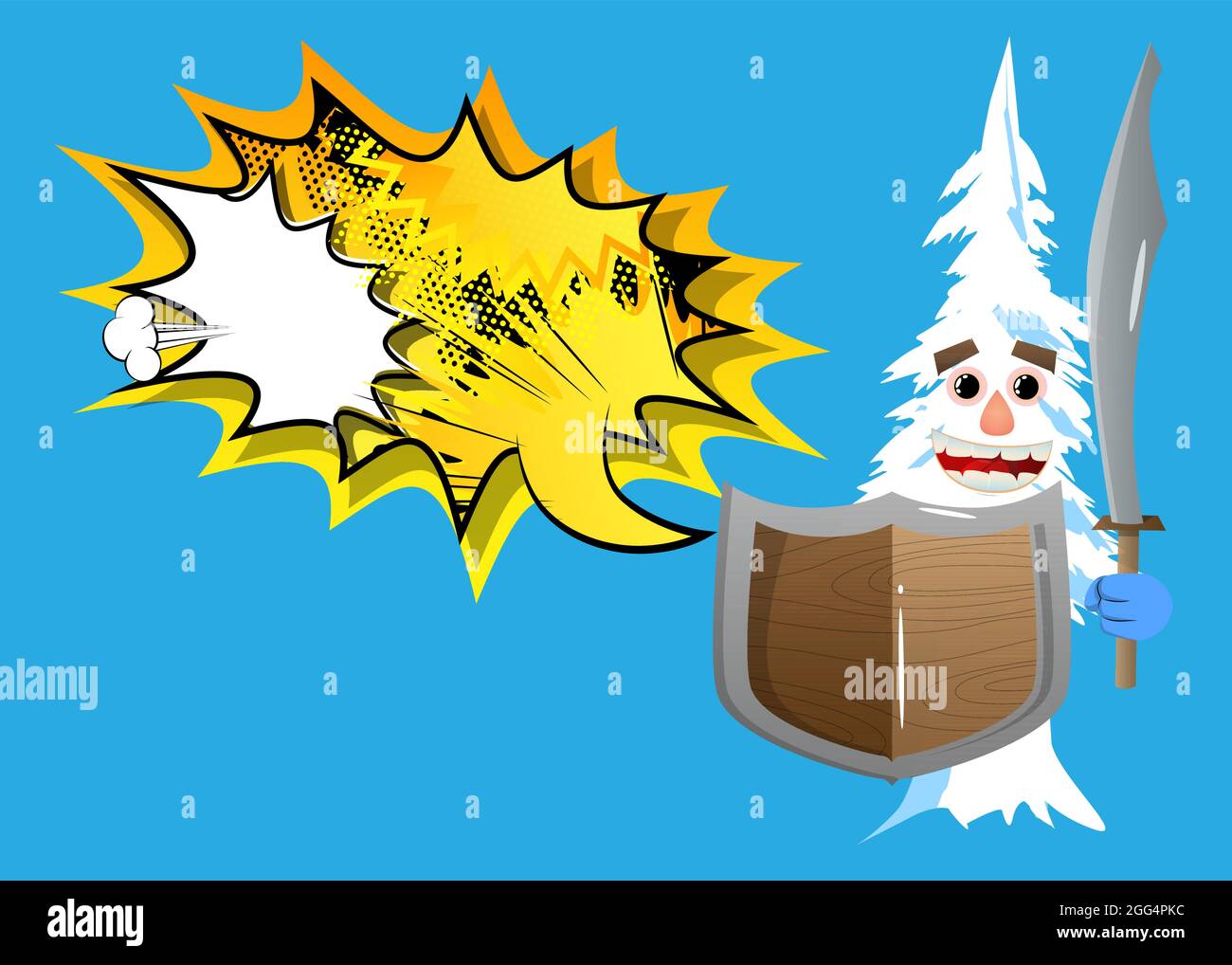 Cartoon winter pine trees with faces holding a sword and shield. Cute ...