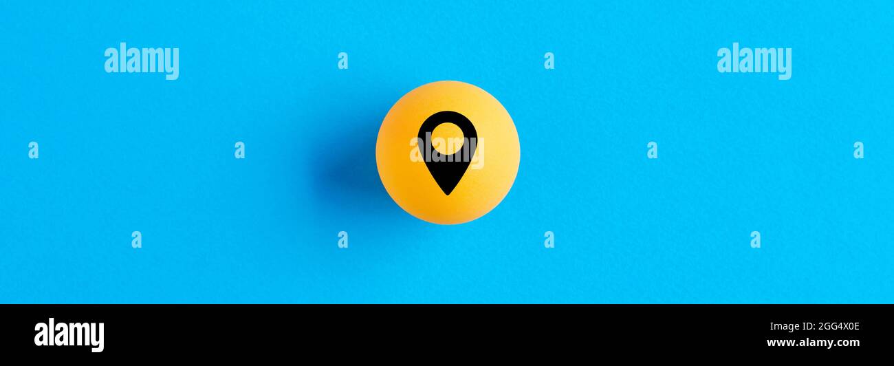 Map geo pin location icon on yellow ball on blue background Stock Photo ...