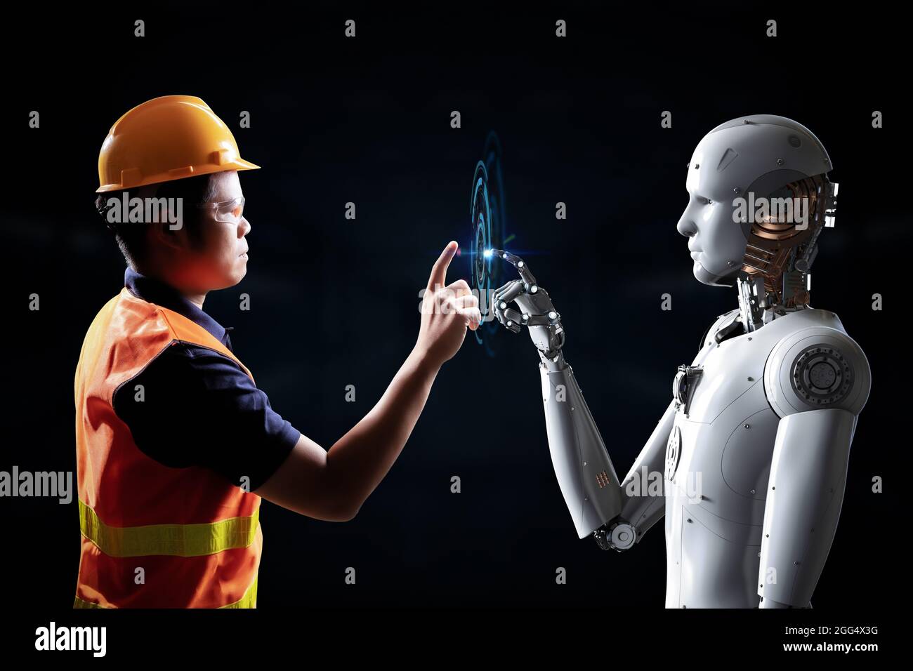 Technician or engineer work with 3d rendering robot in factory Stock Photo - Alamy