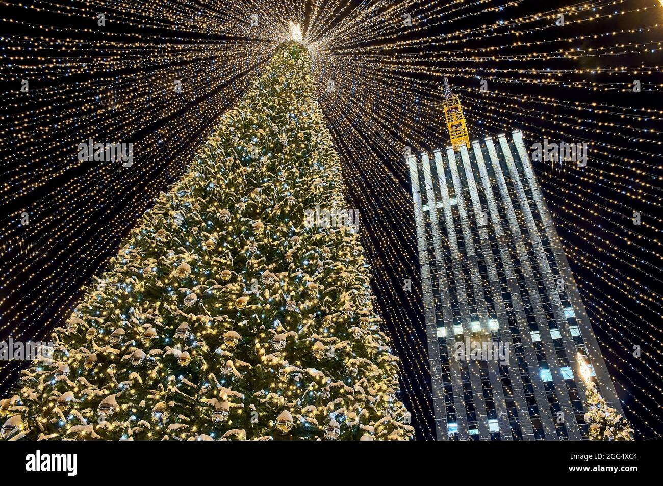 Christmas tree decorated with burning Christmas lights on the street ...