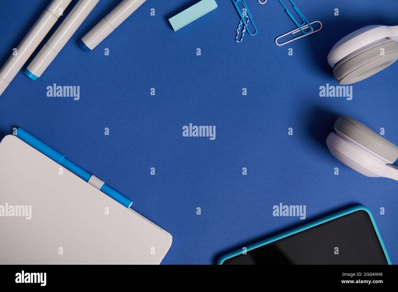 Flat lay composition with white stationery office or school supplies ...