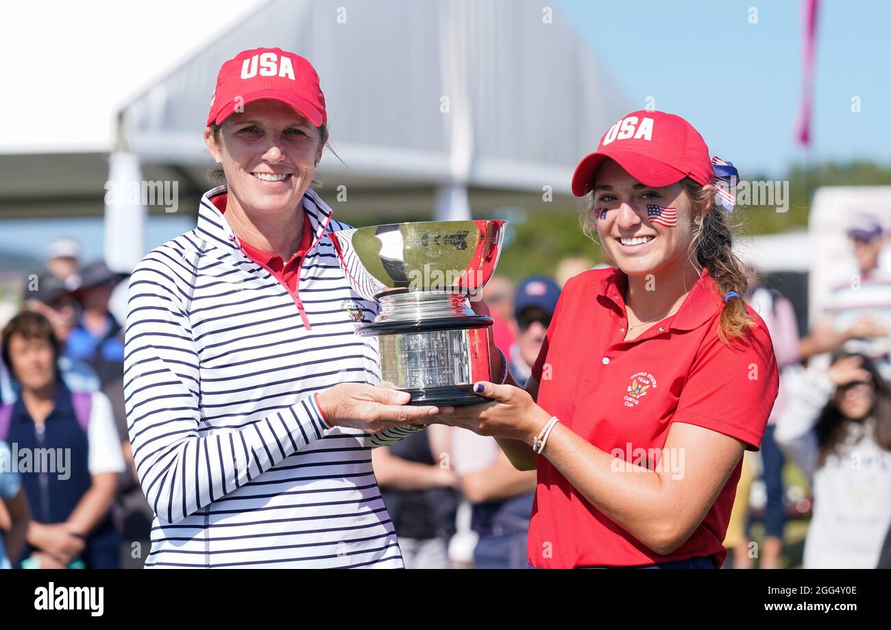 Team USA's Captain Sarah Ingram and Rachel Kuehn hold the Curtis Cup ...