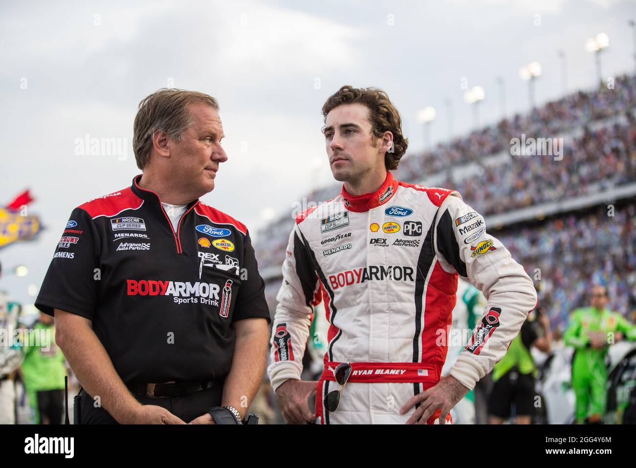 August 28, 2021: NASCAR Cup Series driver Ryan Blaney (12) talks with ...