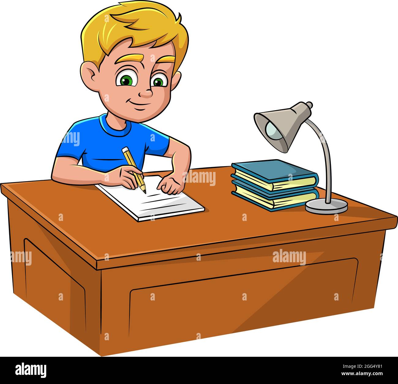 Cartoon vector illustration of a boy doing homework at desk Stock ...