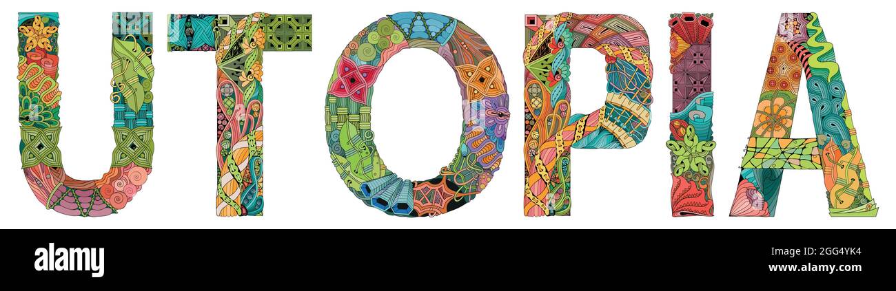 Hand-painted art design. Hand drawn illustration word UTOPIA for t ...