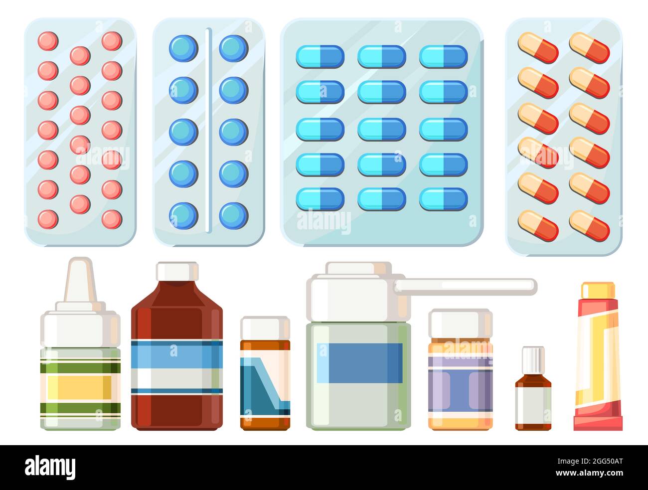 Medicines set. Illustration with bottles spray, bandage ointment ...