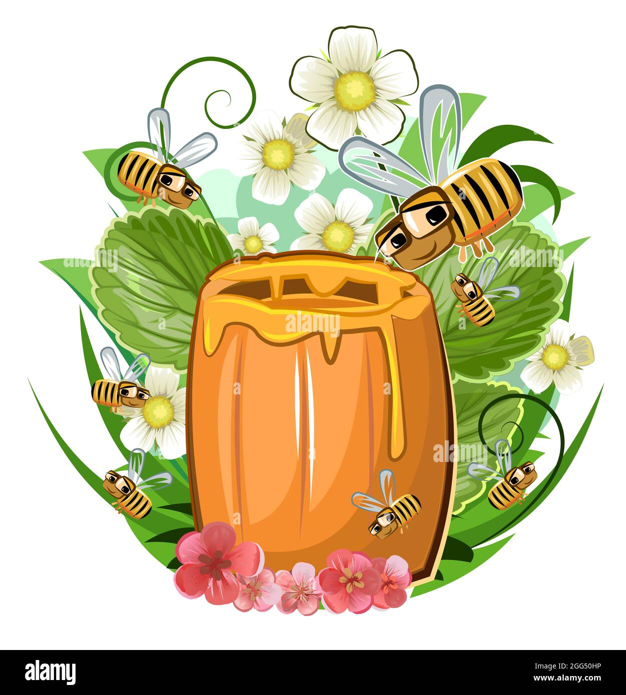 A small barrel of fresh honey and cheerful worker bees. In the flower ...