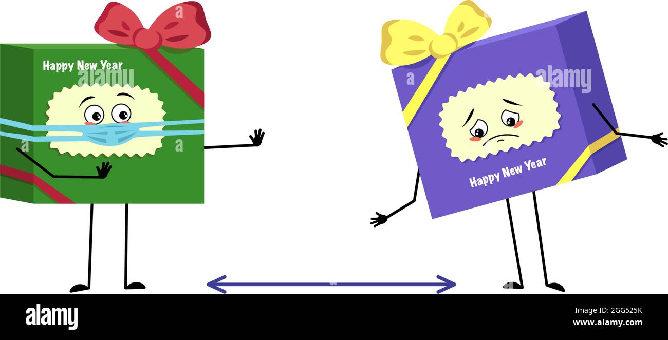 Cute character gift box for new year with bow and sad emotions, face ...