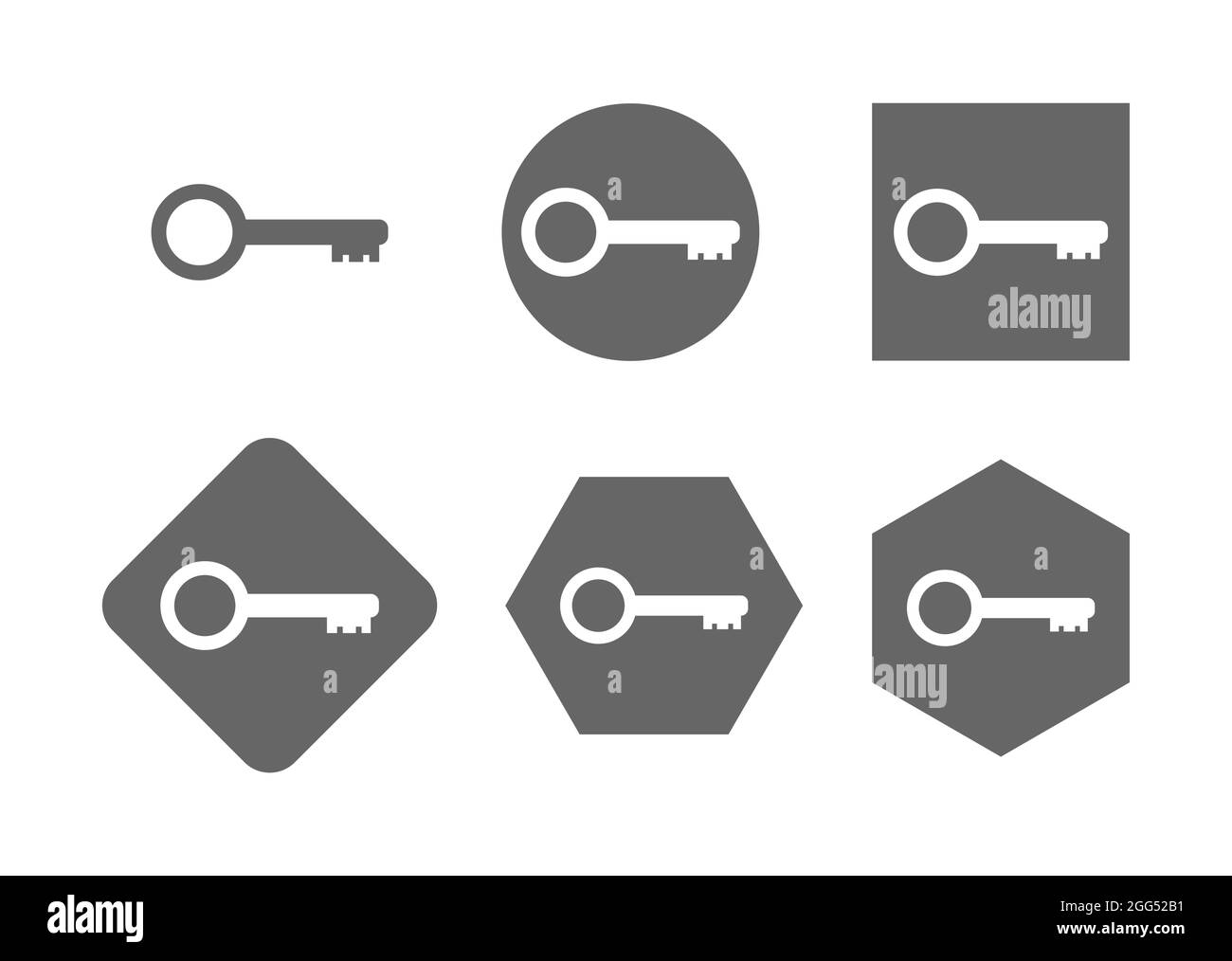 key icon. The key is in a circle, a square and a hexagon. Flat style ...