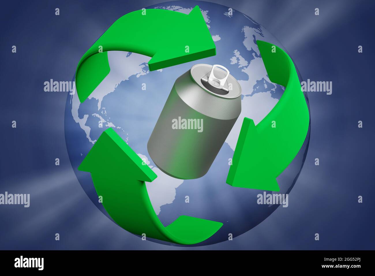 3D illustration. Ecology. Recycling symbol rotates around a metal can ...