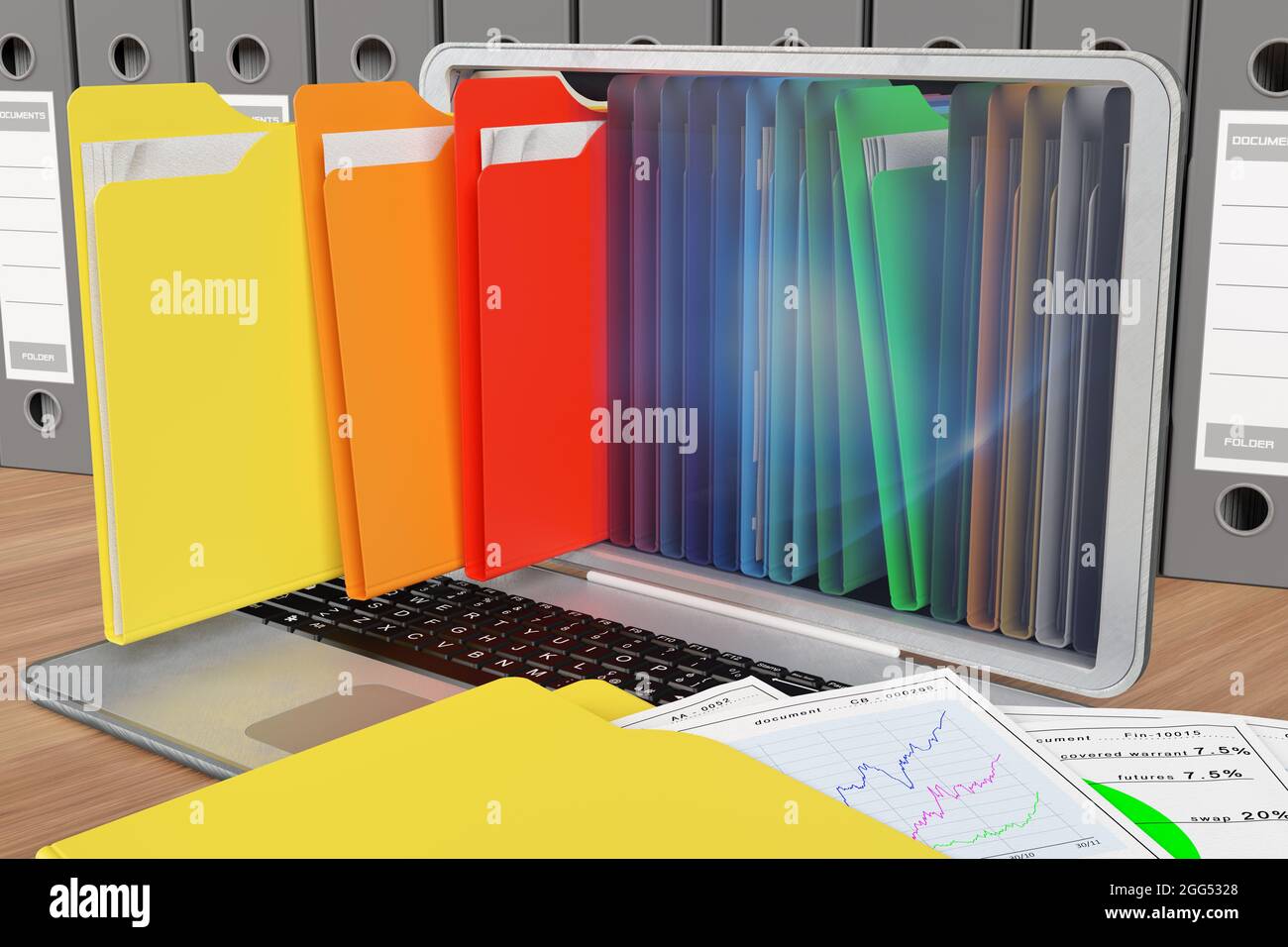 3D illustration. Computers with colored folders for storing documents ...