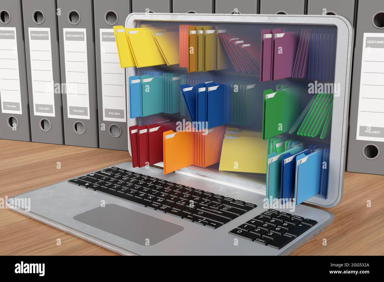 3D illustration. Computers with colored folders for storing documents ...