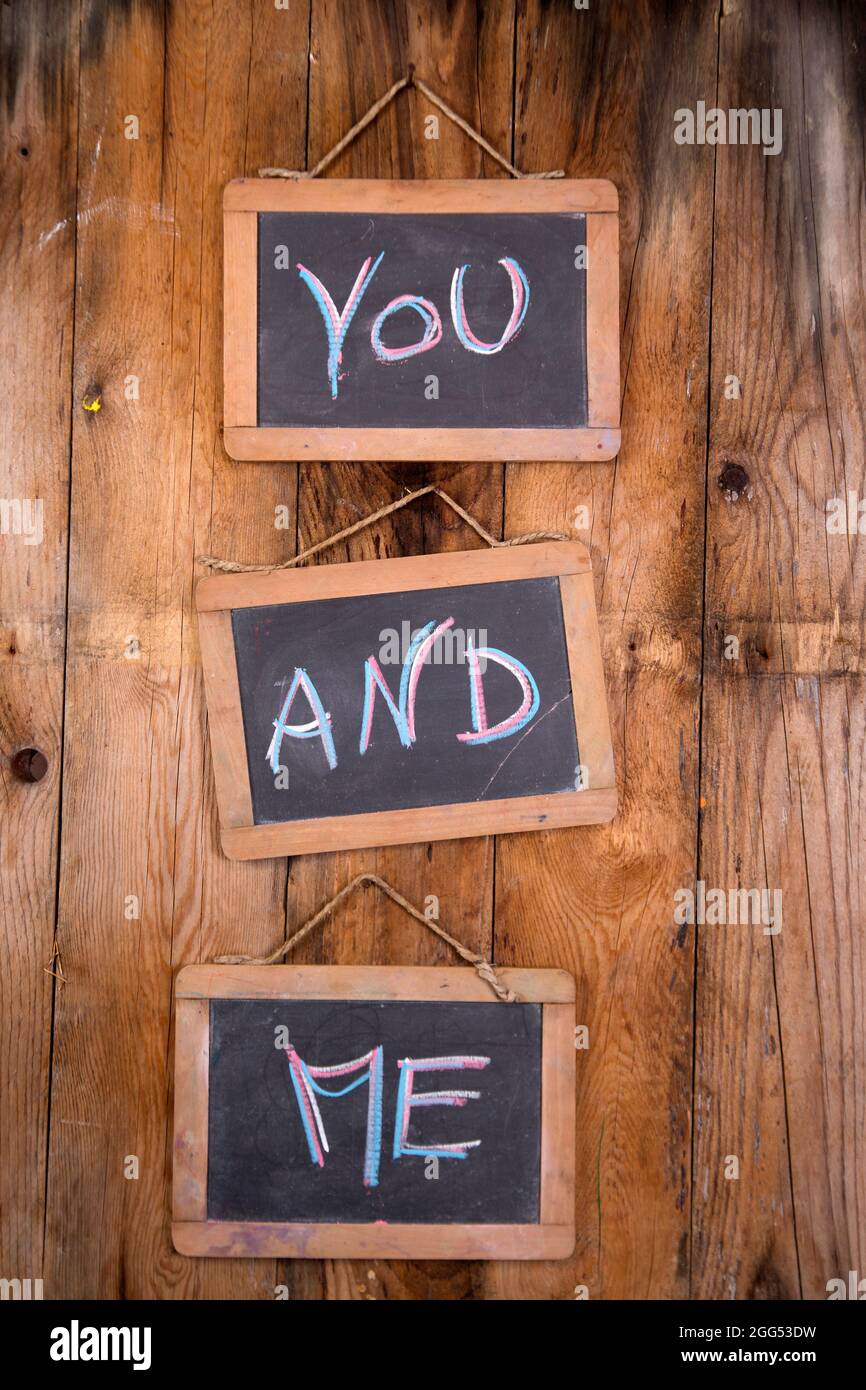 Graphic representation of the word, you and me, written with chalk on ...