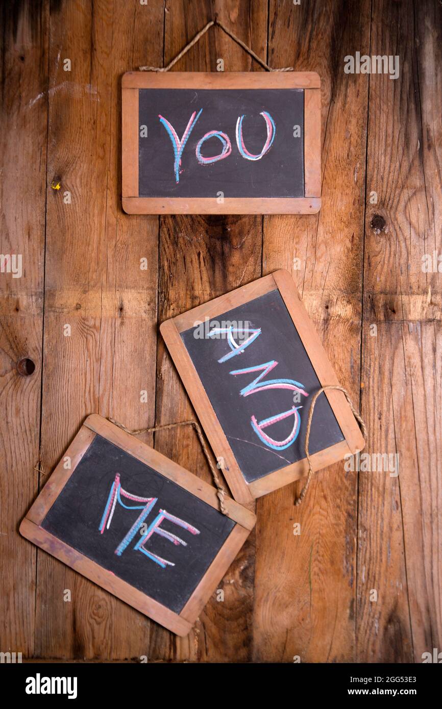 Graphic representation of the word, you and me, written with chalk on ...