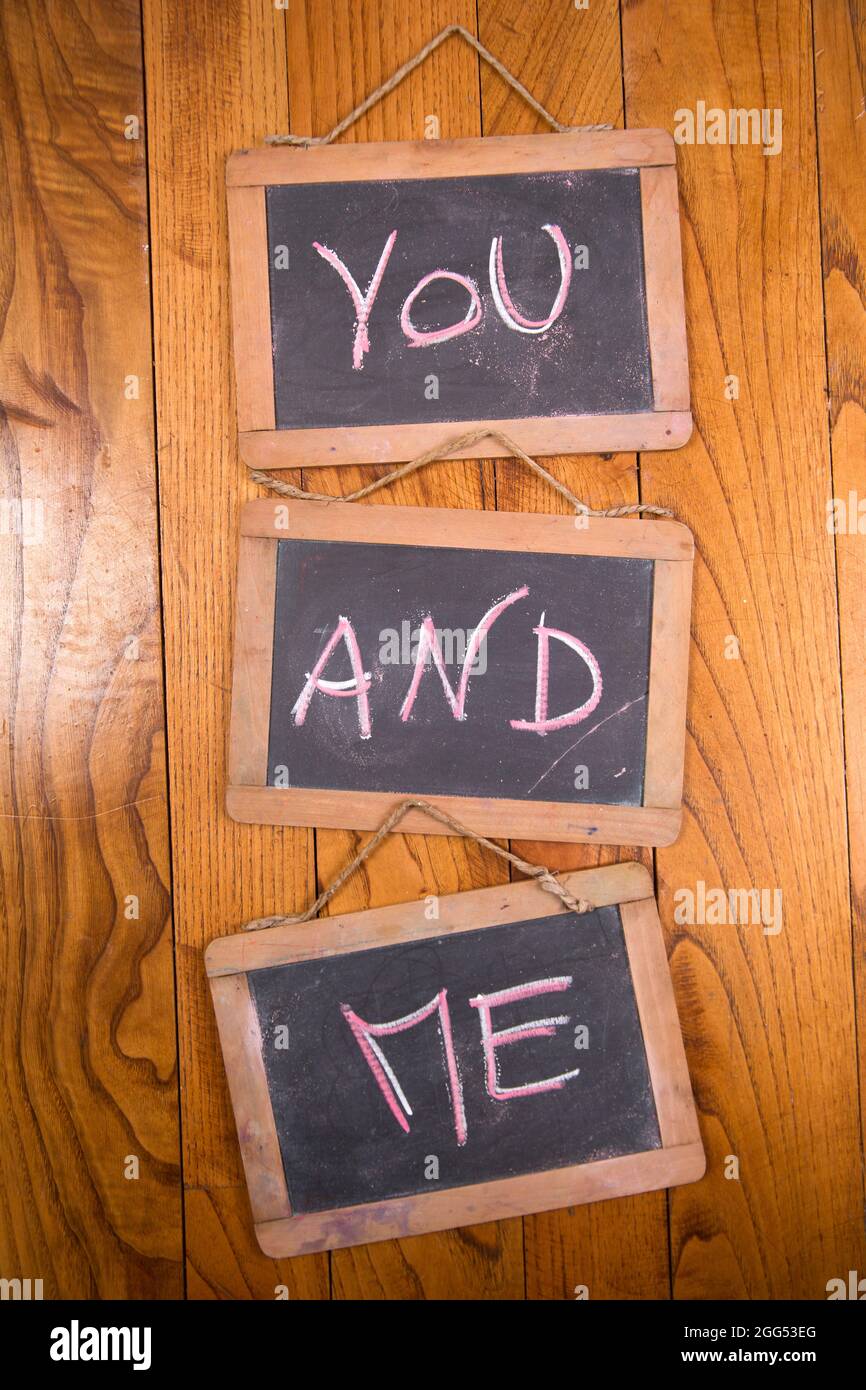 Graphic representation of the word, you and me, written with chalk on ...