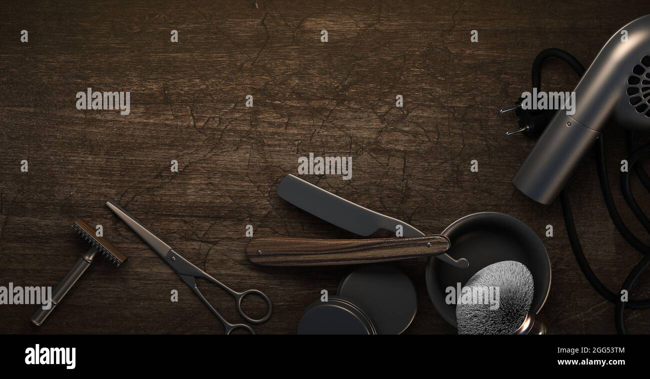 Vintage barber shop tools on wood background with place for text. 3d ...