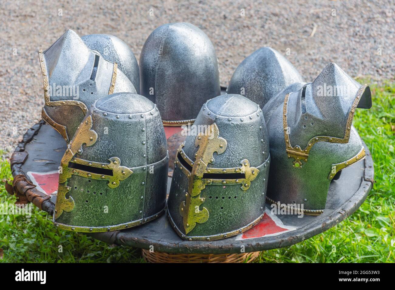 Plastic medieval helmets for sale at Medieval Festival 2021 in ...