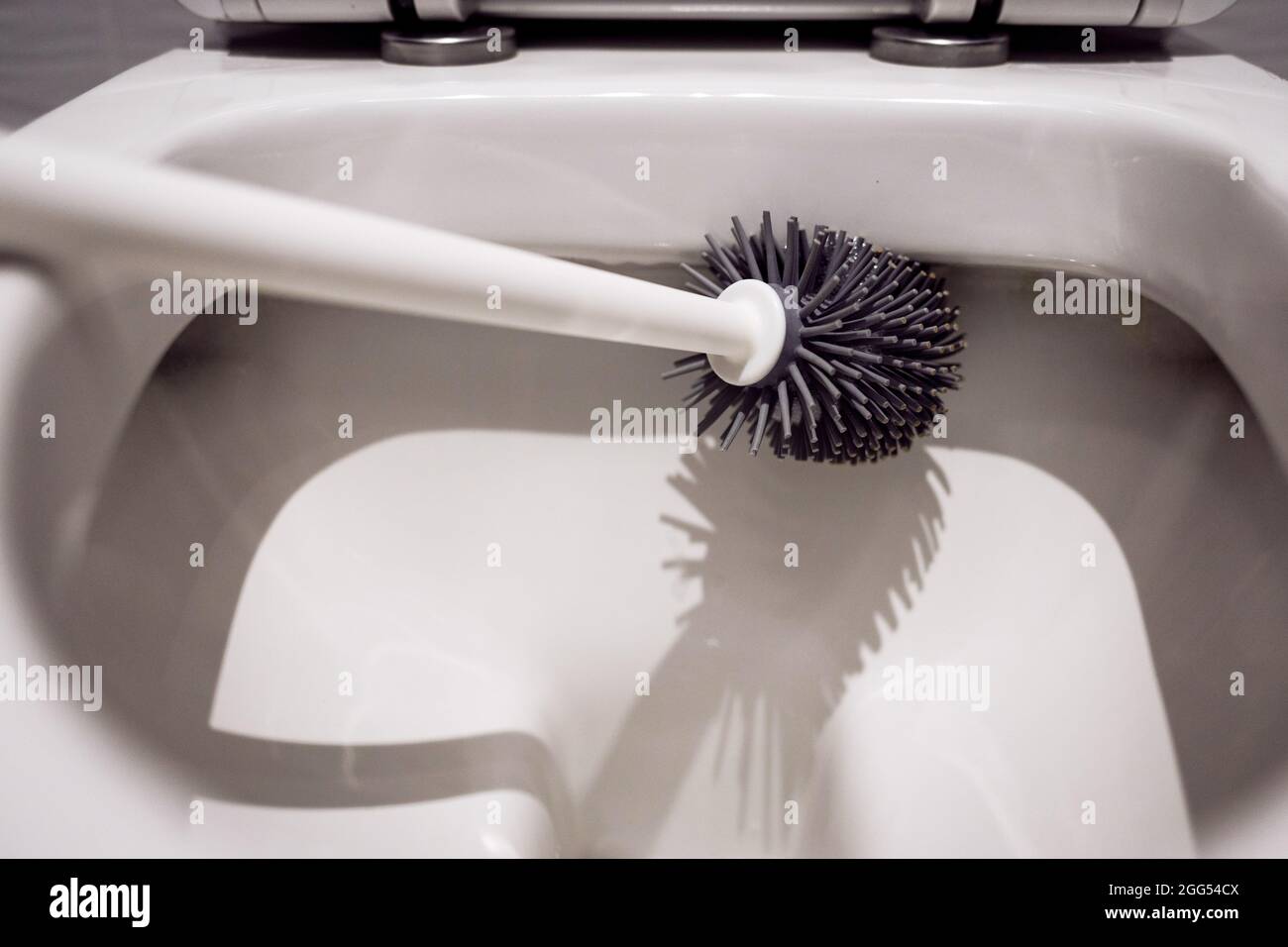 cleaning the toilet in the bathroom using a toilet brush and ...