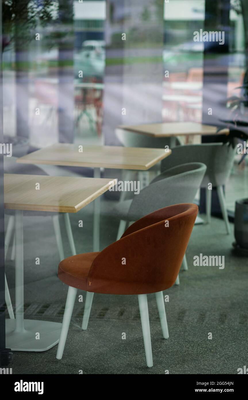 the empty interior of the cafe outside the window. restaurant without ...