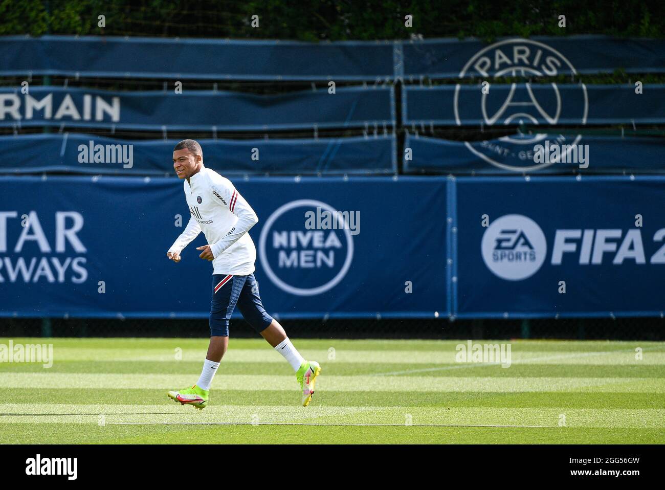 Kylian Mbappe of PSG during a training session at the Camp des Loges ...