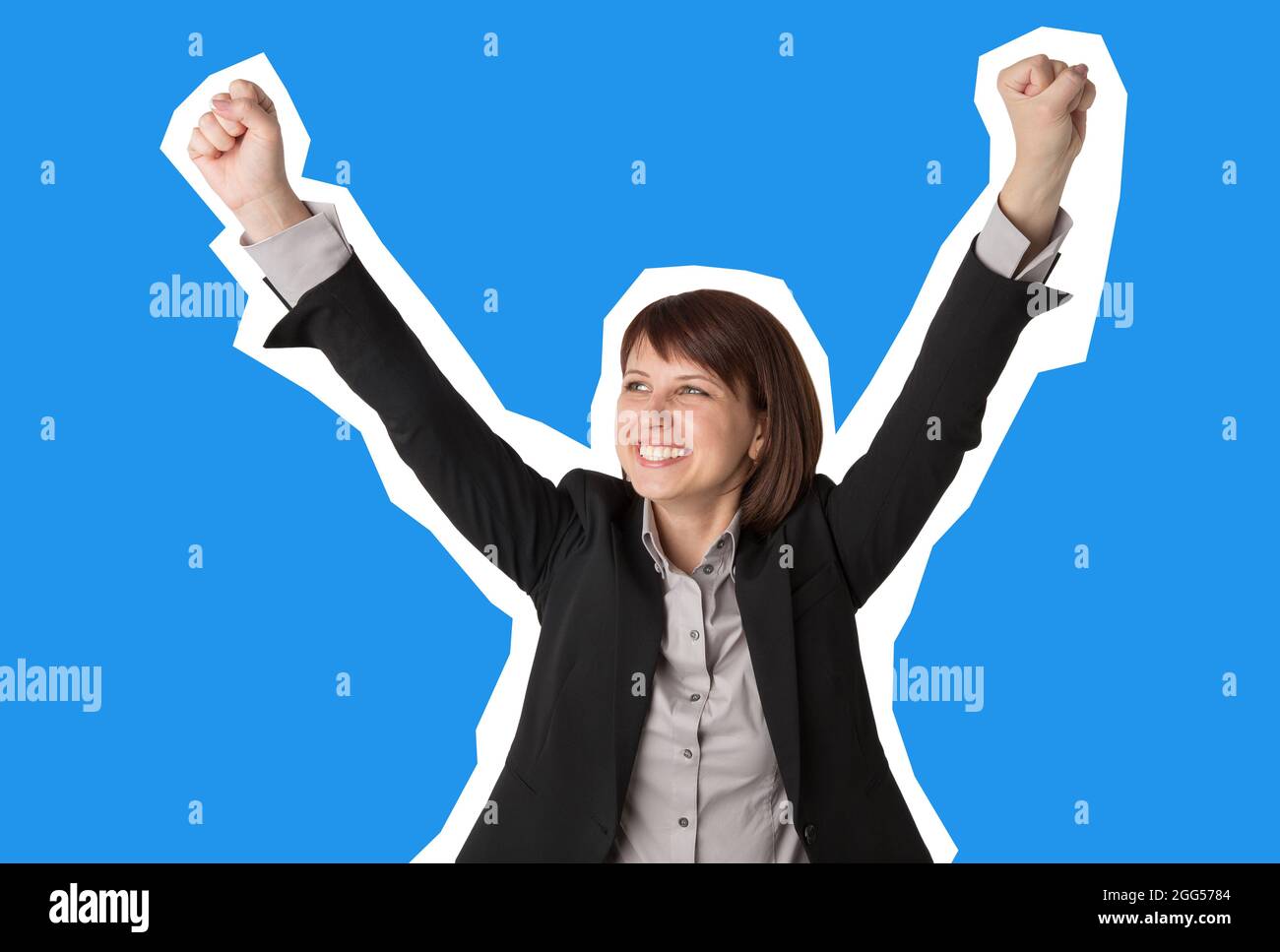 Smiling and excited young woman showing happiness and success. Magazine ...