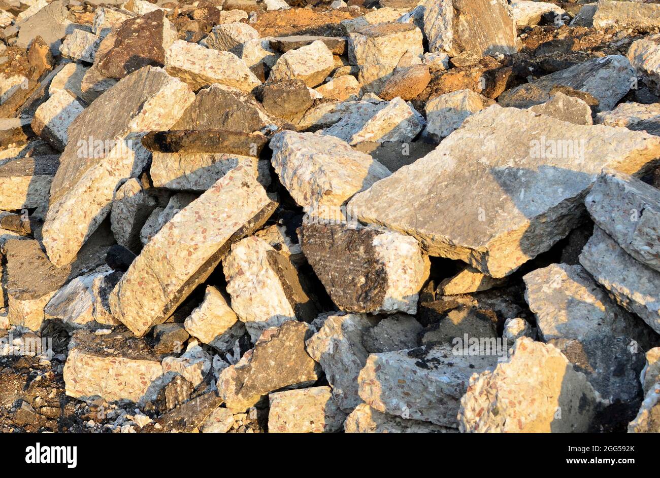 Concrete after crushing for recycling. Reuse crushed concrete rubble ...