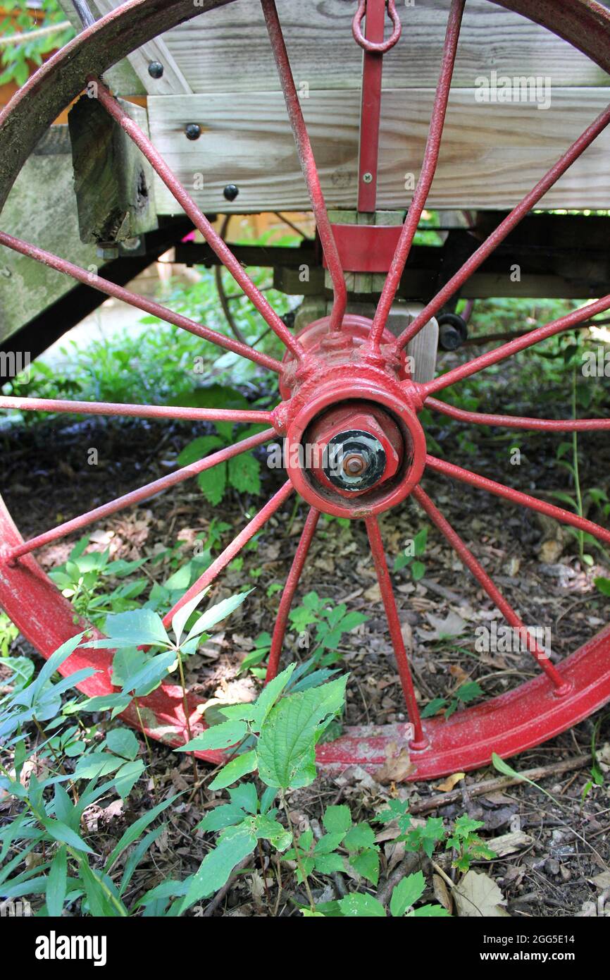 Red vintage metal covered wagon wheel in the summer meadow Stock Photo ...