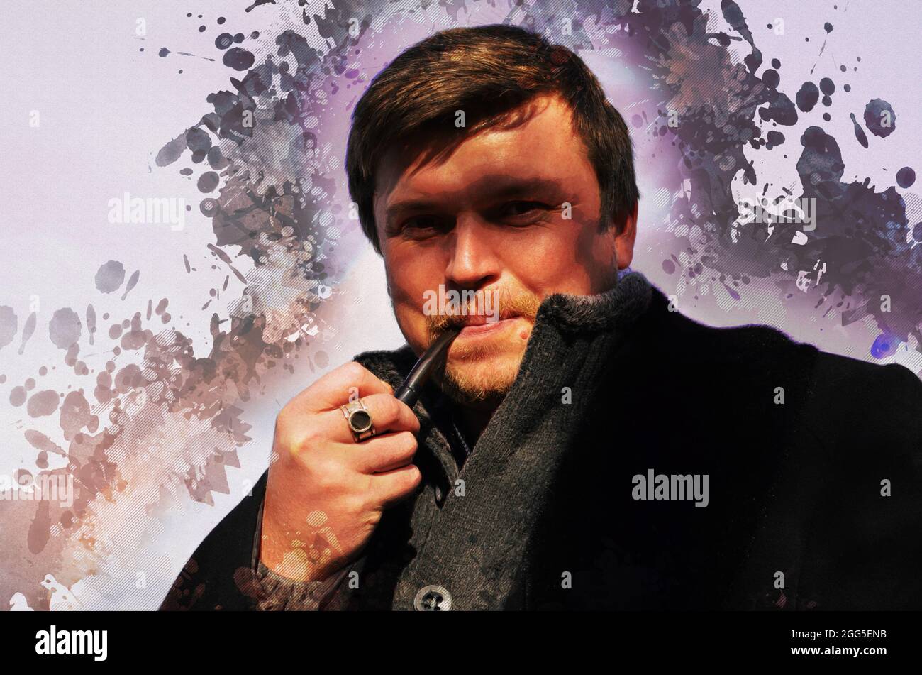 A grown man smoking a pipe. A vivacious man with a ring on his middle ...