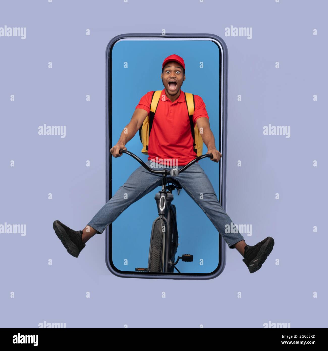 Black Courier On Bike In Smartphone Delivering Meal, Blue Background ...