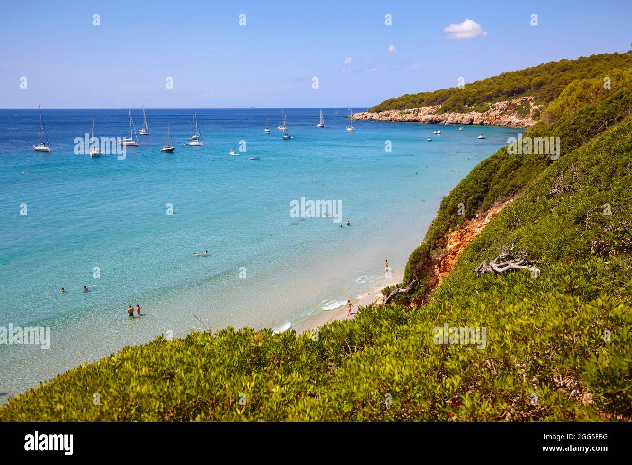 Elevated view of Playa De Binigaus, Menorca,Balearic Islands, Spain ...